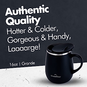 GRANDTIES Insulated Coffee Mug with Handle - Sliding Lid for Splash-Proof 16 oz Wine Glass Shape Thermos Tumbler with Double Walled Vacuum Stainless Steel to Keeps Beverages Hot or Cold - Black