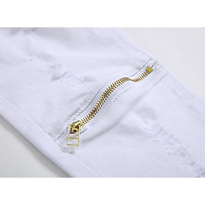 Boy's White Slim Fit Skinny Jeans Ripped Elastic Waist Pants with Zipper for Kids,White,14 Slim