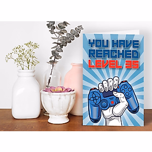 35th Birthday Card, You Have Reached Level 35, Greeting Card for Thirty-Five Year Old Gamer Birthday Gift for Adult Son or Daughter, For Him Her Grandson Granddaughter, Blue