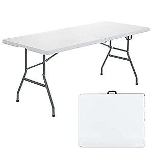Goplus Folding Tables, 6ft Foldable Plastic Card Table, Portable Heavy Duty Fold Up Table w/Handle, White Outdoor Utility Folding Table for Picnic, Party, Dining, Camping, Beach, BBQ, No Assembly