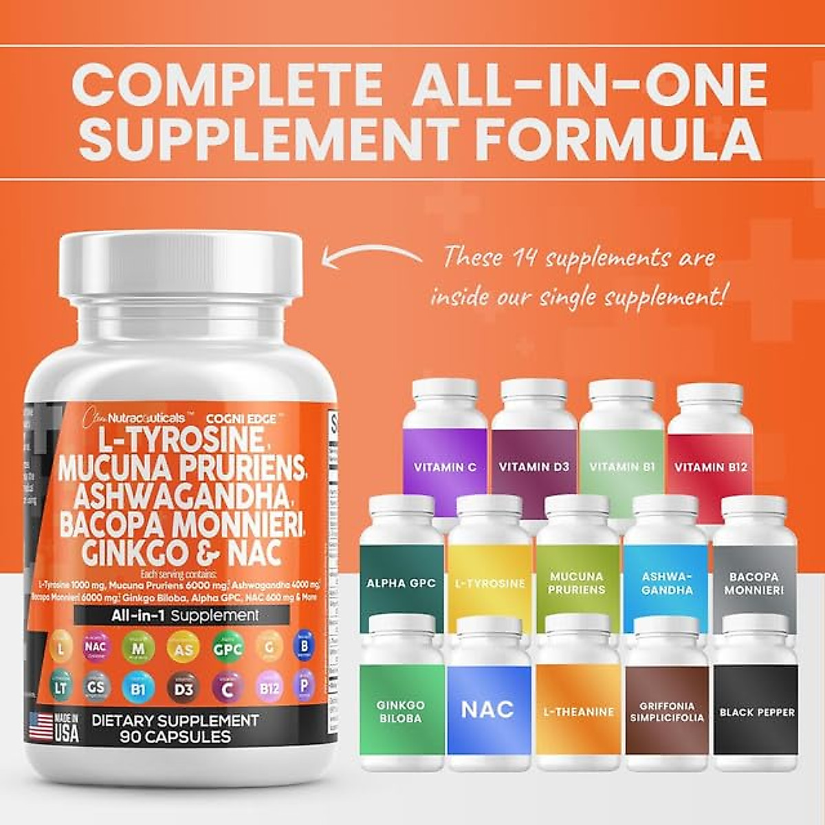 Clean Nutraceuticals L Tyrosine Mucuna Pruriens Bacopa Monnieri Ashwagandha Focus Supplement w/N-Acetyl Cysteine NAC 5-HTP Ginkgo Biloba Alpha GPC Vitamin C D B1 B12