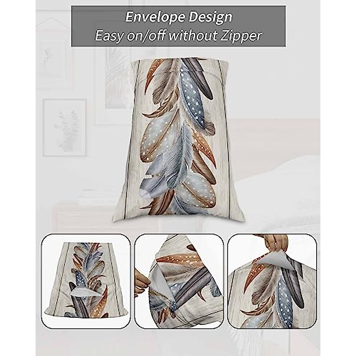 Edwiinsa Brown Blue Feather Pillow Covers Standard Size Set of 2 Bed Pillow, Farmhouse Wooden Striped Grain Plush Soft Comfort for Hair/Skin Cooling Pillowcases with Envelop Closure 20''x26''