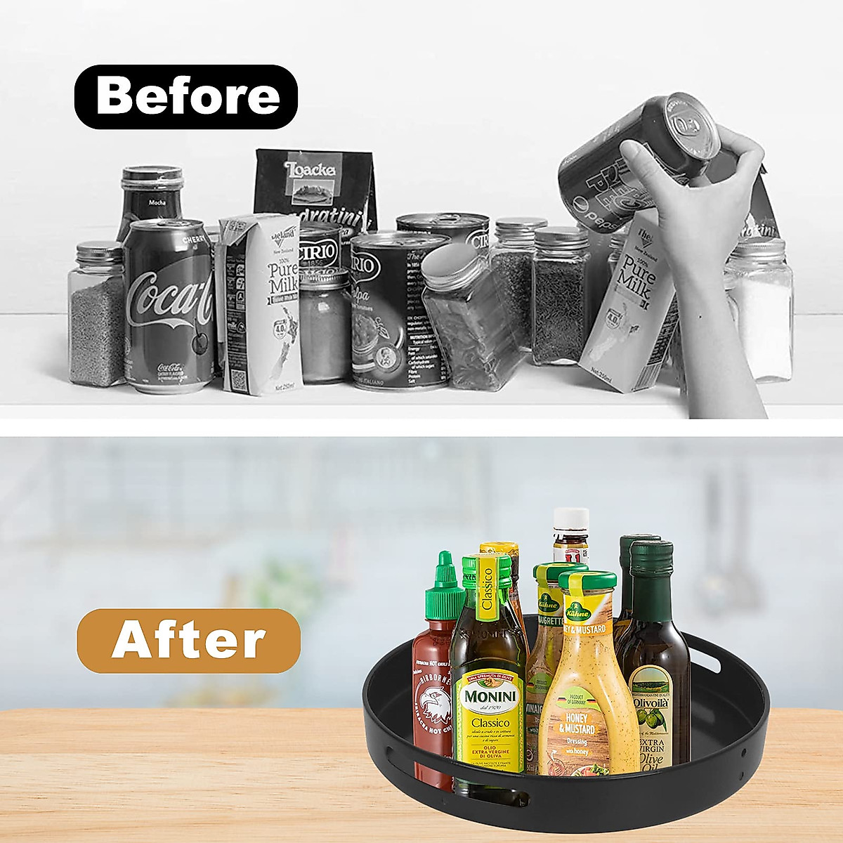 FYY Lazy Susan Turntable Cabinet Organizer Spice Storage Rack, 360 Degree Rotating Spice Rack Metal Lazy Susan for Cabinet Pantry Kitchen Countertop Refrigerator Table Storage Single Layer Black