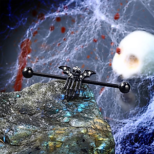 COCHARM Black Bat Skeleton Industrial Earrings 14g Hallween Skull Hand Industrial Piercing Jewelry Surgical Steel Industrail Bar Piercing