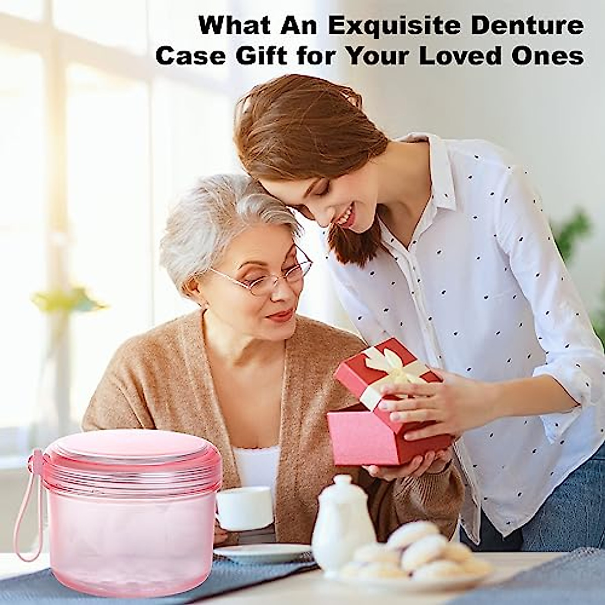 Denture Case, Leak Proof Denture Bath Cup for Travel, Denture Container Cups for Soaking Full & Partial Dentures, Retainers, Denture Cleaning Kit Holder Box with Denture Cleaner Brush-Transparent Pink