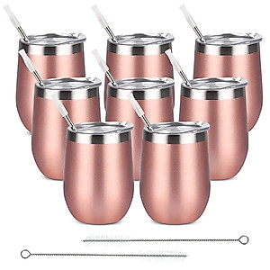 8 Pack 12 Oz Stainless Steel Stemless Wine Tumbler with Lid and Straw, Double Wall Vacuum Insulated Wine Glass for Wine, Coffee, Cocktails, Champagne, Ice Cream, Outdoor, Picnic, Set of 8, Rose Gold
