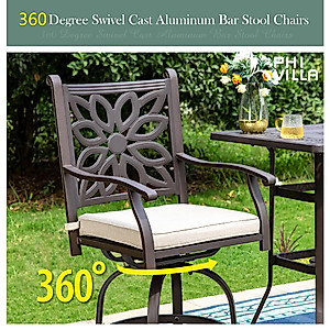 PHI VILLA Cast Aluminum High Bar Dining Set for 6 Person, 7 Piece Outdoor Patio Set with 54" Dia Cast-Top Aluminum Table(2.1" Umbrella Hole) and 6 Outdoor Swivel Bar Stool Chairs with Seat Cushions