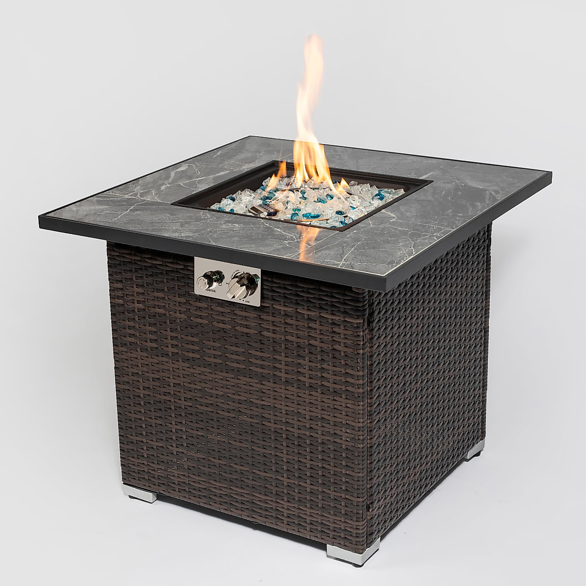 30 in. Outdoor Square Brown Wicker Fire Table Propane Gas Fire Pit Table with Lid Gas Fire Pit Table with Glass Rocks & Rain Cover
