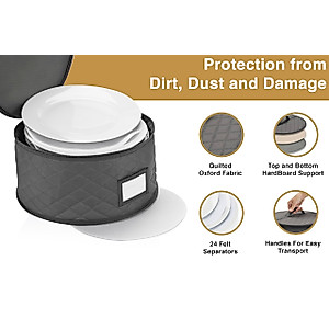 STOZU 2 Pack China Storage Containers for Dinner Plates - 12" W x 7" H - Includes 24 Felt Dividers - Stackable Case with Padded Interior and Handle