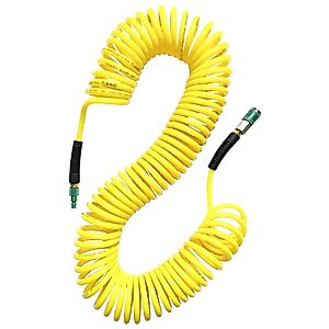 SANFU (PU) Polyurethane Recoil Air Hose 1/4”ID x 50ft with Bend Restrictor,1/4” Industrial Steel Quick Coupler and Plug, Yellow(50’)