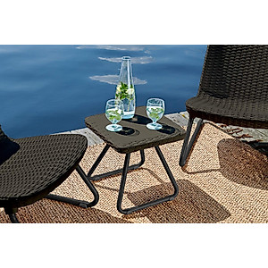 Keter Rio 3 Piece Resin Wicker Patio Furniture Set with Side Table and Outdoor Chairs, Brown