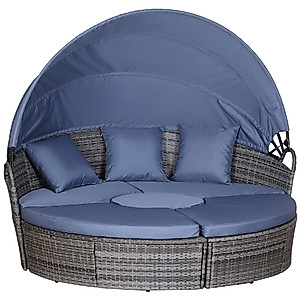 Outsunny 4pc Rattan Patio Furniture Set, Round Convertible Daybed or Sunbed, Adjustable Sun Canopy, Sectional Outdoor Sofa, 2 Chairs, Table, 3 Pillows, PE Plastic Wicker, Gray