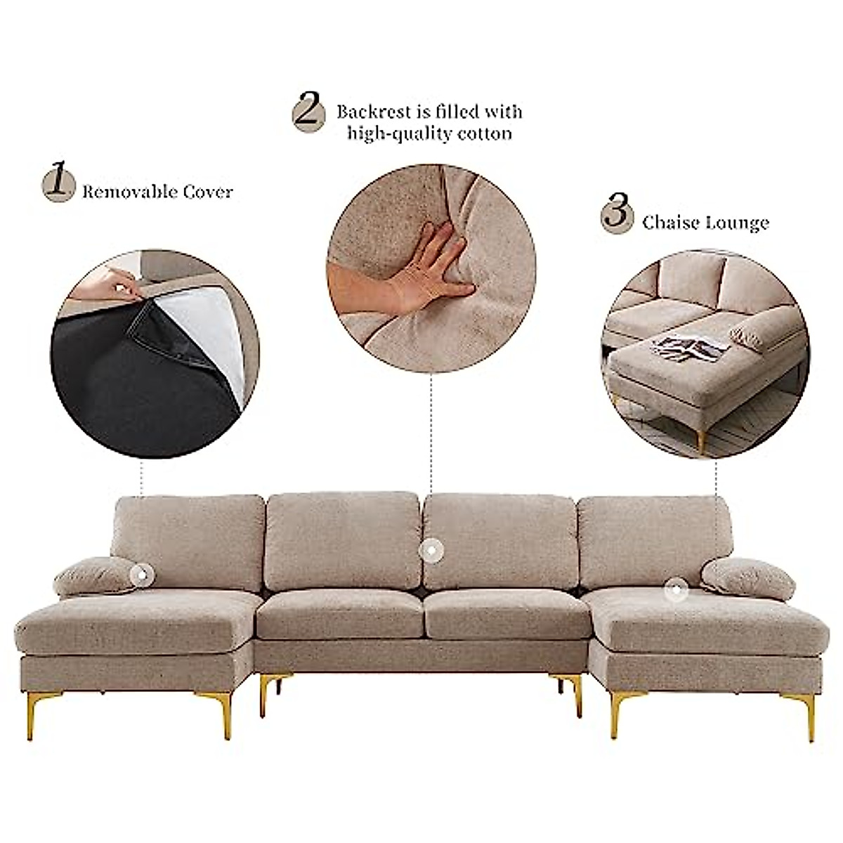VERYKE U Shape Sectional Sofa Couch,Modern 110'' Chenille Fabric Sectional Couch Sofa, Upholstered Sofa Bed with Golden Metal Legs for Living Room