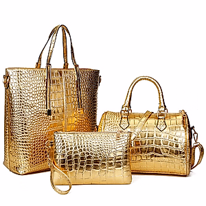 Downupdown Women Handbags and Purses Set Crocodile Pattern Tote Bags Top Handle Handbags Wristlets Wallet Shoulder Bag Satchel 3 Pcs with Shoulder Strap-Gold