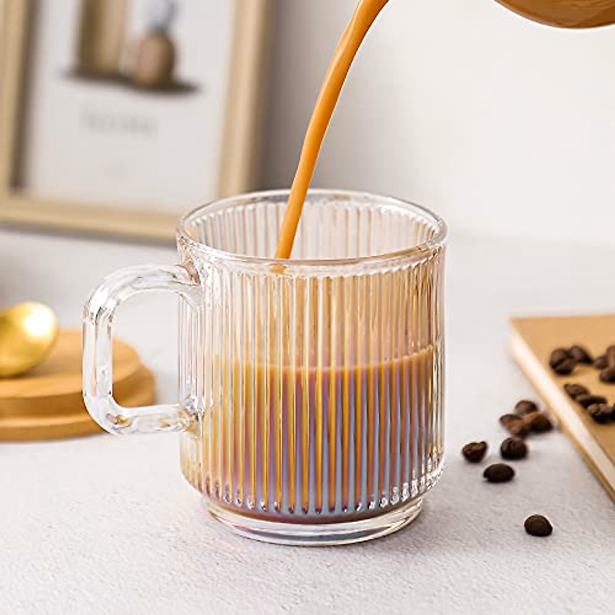Lysenn Iridescent Glass Coffee Mug with Lid - Premium Classical Vertical Stripes Glass Tea Cup - for |Latte|Tea|Chocolate|Juice|Water| - Unleaded - Bamboo Lid - 12.5 Ounces