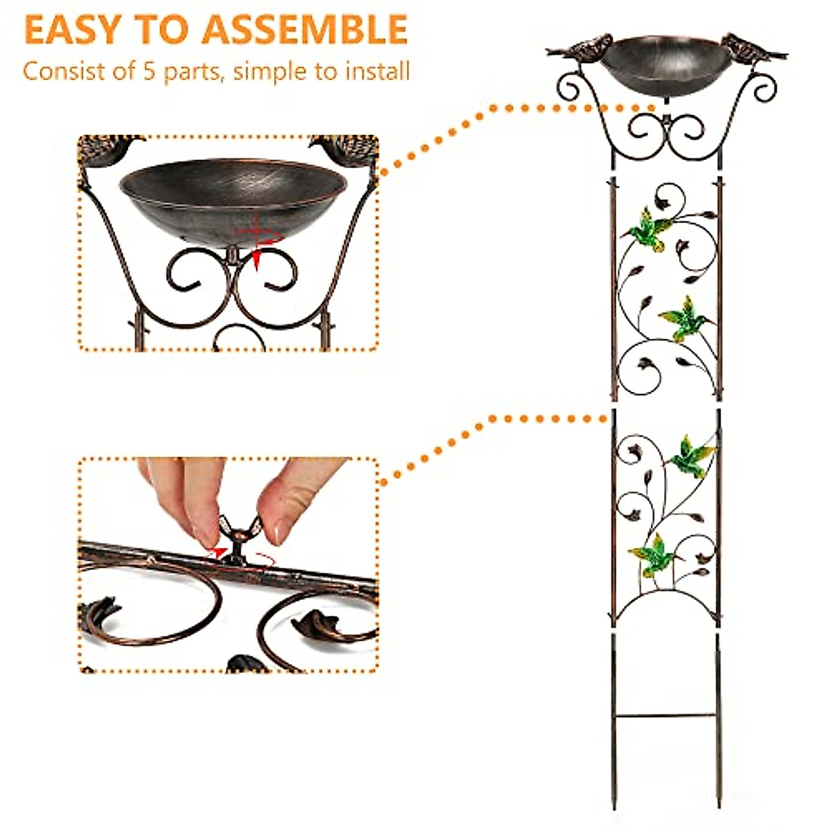 LEWIS&WAYNE Garden Trellis Bird Bath Outdoor, 40 Inch Antique Iron Garden Plant Trellis Decorative with Hummingbirds and Detachable Drinking Basin Bowl, Free Standing BirdBath Birdfeeder Station