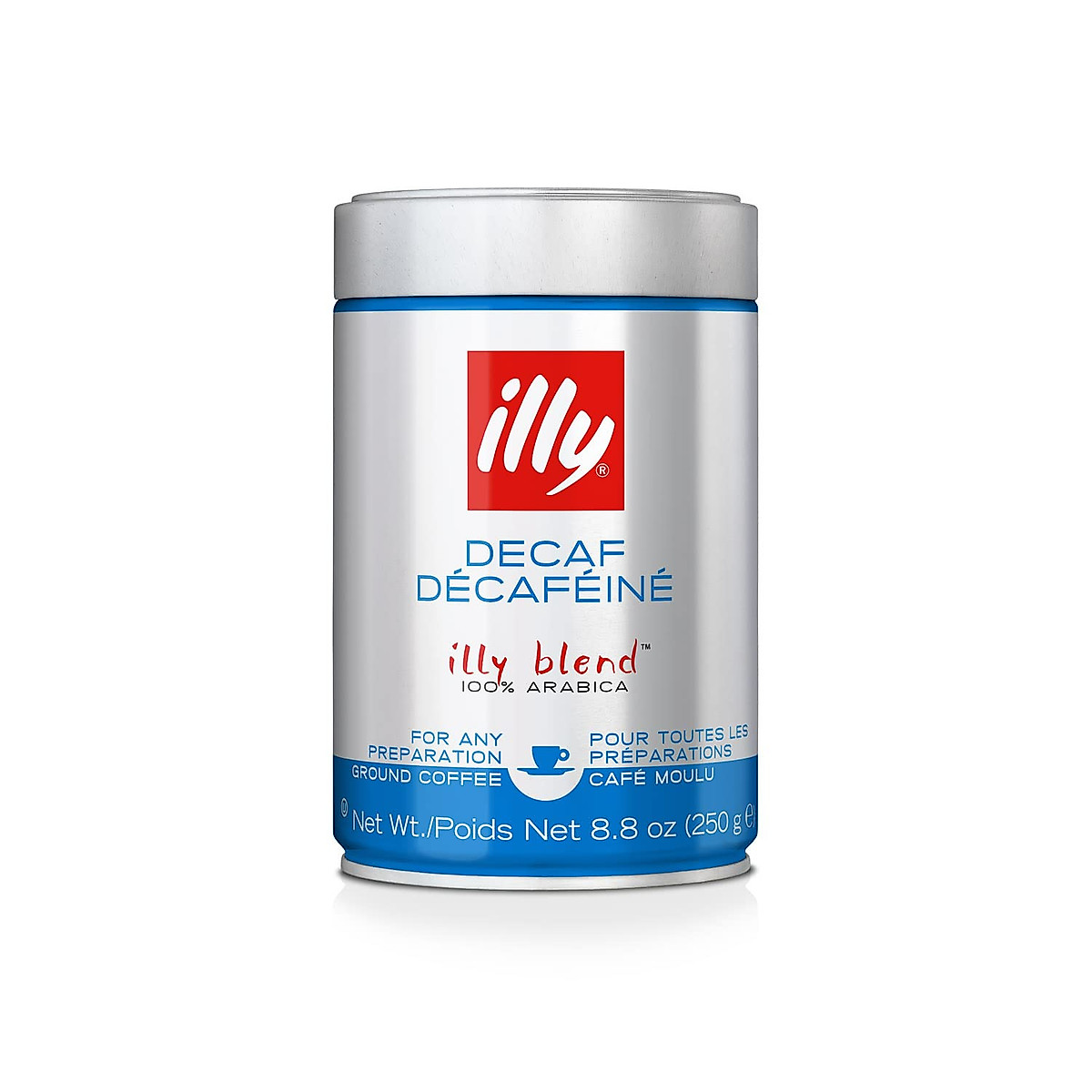illy Decaffeinated Ground Espresso Coffee, Classic Medium Roast with Notes of Toasted Bread, 100% Arabica Coffee, No Preservatives, 8.8 Ounce Can (Pack of 2)