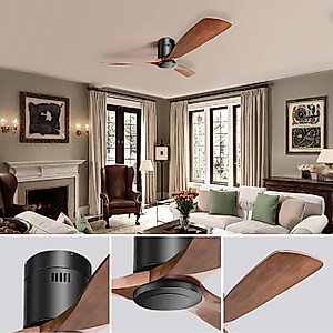 CACI Mall 52 Inch Ceiling Fan with Remote Control, Low Profile Flush Mount Ceiling Fan without Light, 3 Walnut Wood Ceiling Fan No Light, Noiseless Reversible ETL DC Motor with Timer