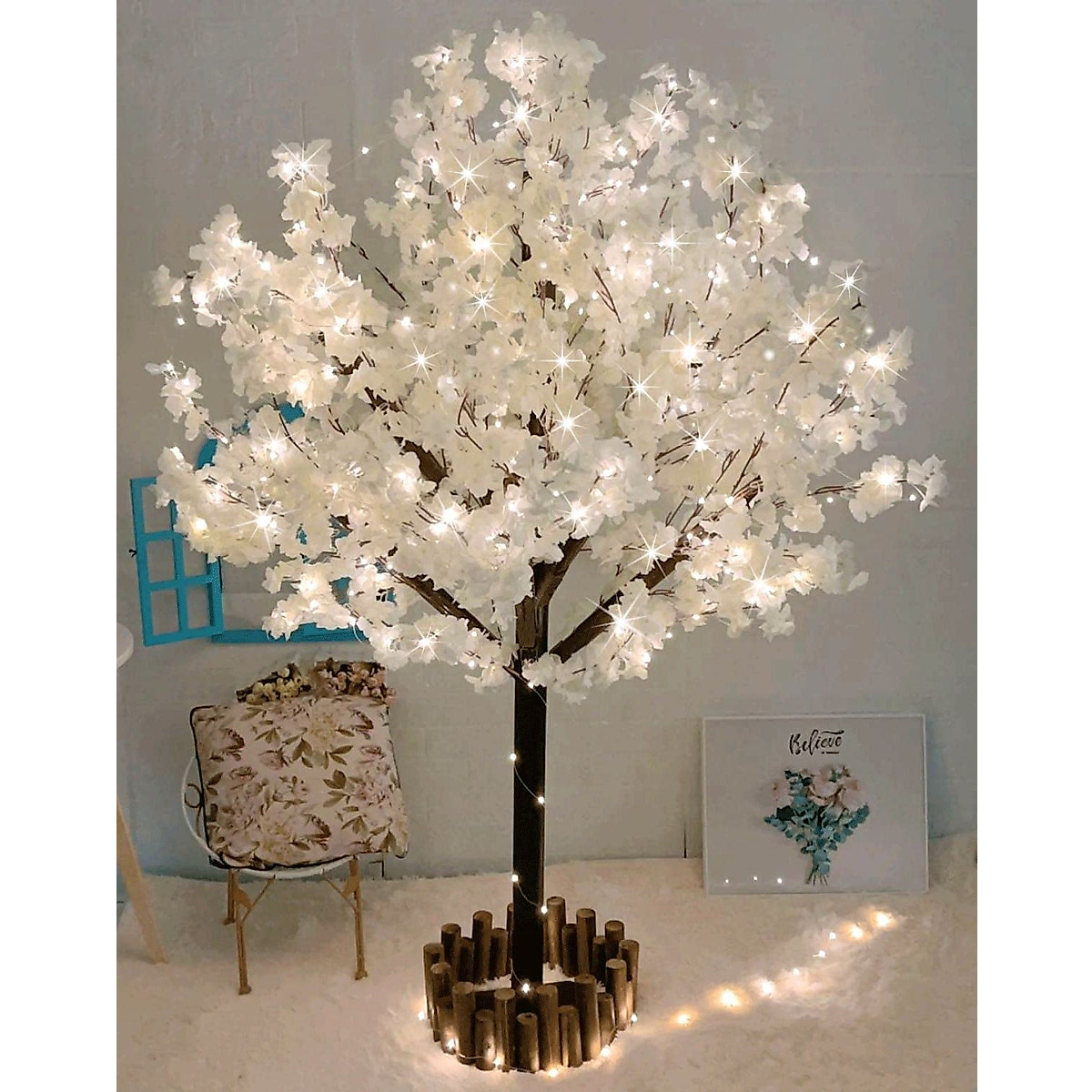 Artificial Cherry Blossom Lighted White Tree with 300 Warm White LEDs for Indoor Outdoor Home Decor Wedding (6FT Tall/1.8M)
