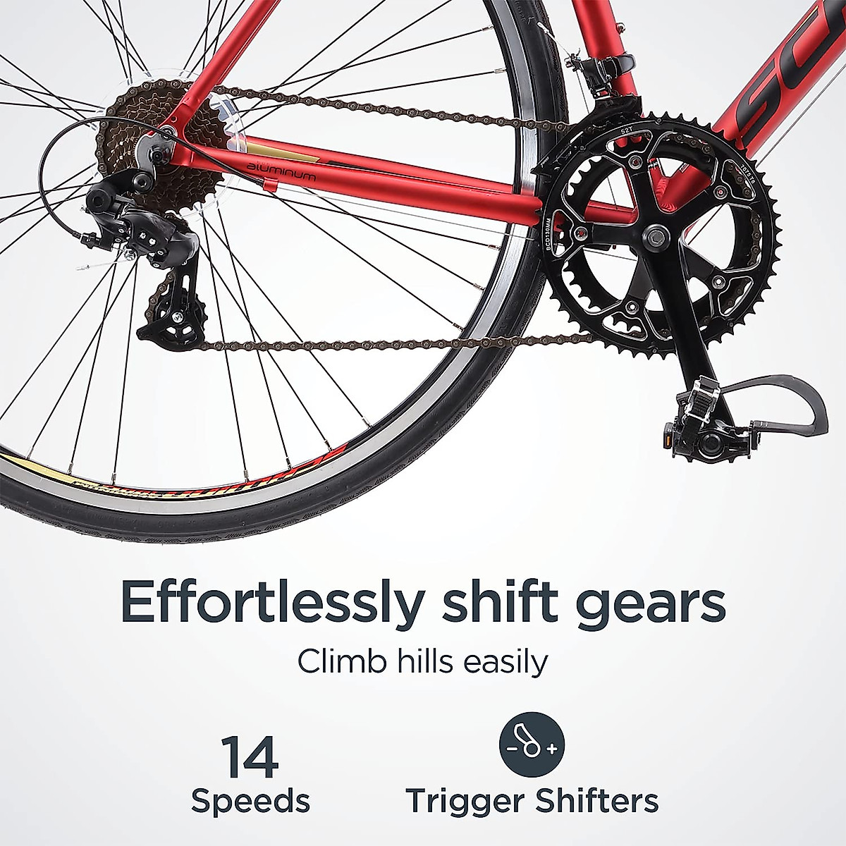 Schwinn Volare 1400 Drop Style Hybrid Sports Road Bike, Men and Women, 14-Speed, 700c Wheels, 21-Inch Aluminum Frame, Alloy Linear Pull Brakes, Red