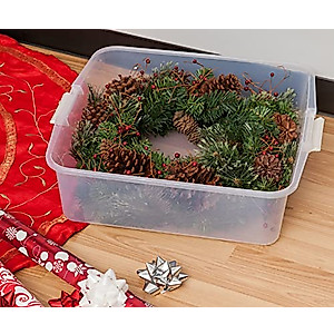 IRIS USA 33 Qt. Holiday Wreath Storage Container Box with Lid, 3-pack, Stackable Under Bed Storage Organizer Bin with Latching Buckles for 20" Wreaths Festive Holiday Decorations Garlands, Clear/Red