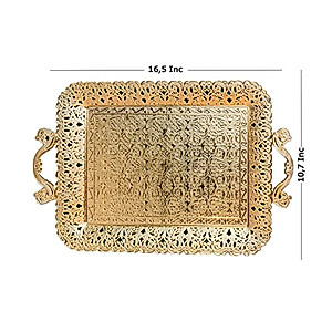 chancegift Turkish Tea Coffee Beverage Dinning Serving Tray with Handled Ottoman Motif Decorative Middle Table Drink Bathroom Rectangular Suitable for Gift (16.5x10.7x1 INC) 42x28x2cm Gold, (A2022)