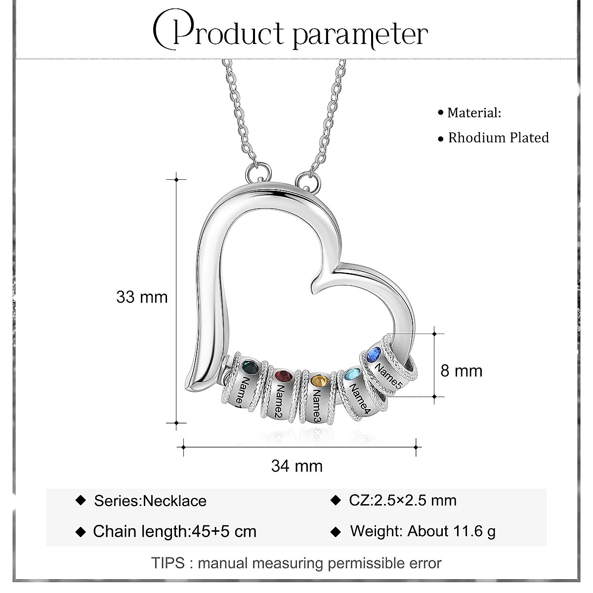 Wamantic Personalized Women's Pendant Necklace 925 Sterling Silver with 1-5 Simulated Birthstone Names Customized Heart Shape Cubic Zirconia Necklace For Christmas Gifts (5 Name&5 Stone)