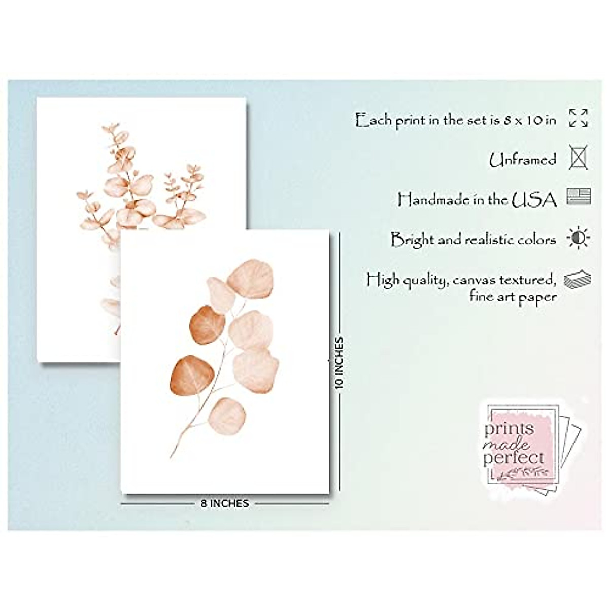 Botanical Prints Wall Art - Watercolor Eucalyptus Leaf Prints (Set of 4) - 8x10 - Unframed