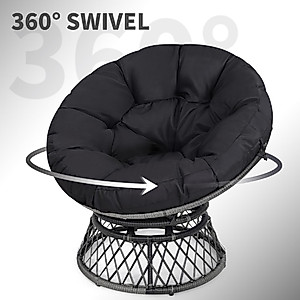 KROFEM 37" Wicker Papasan Circle Chair 360° Swivel, Indoor Outdoor Furniture, Ideal for Teenagers, Frame with Black Thick Cushion