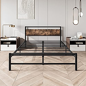 FOUBAM Queen Bed Frame with Wood Headboard,Heavy Duty Platform Bed Frames with Storage No Box Spring Needed,Reinforced Steel Square Pipe Mattress Foundation Noise Free,Black and Rustic Brown