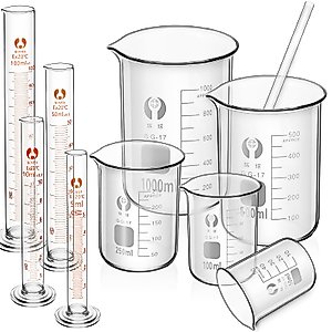 Feekoon 10 Pieces Glass Measuring Beaker Graduated Measuring Cylinder with Stirring Rod 50/100/ 250/500/ 1000 ml Thick Glass Beakers 5/10/ 50/100 ml Graduated Cylinders for Science Lab (9.8 Inch)