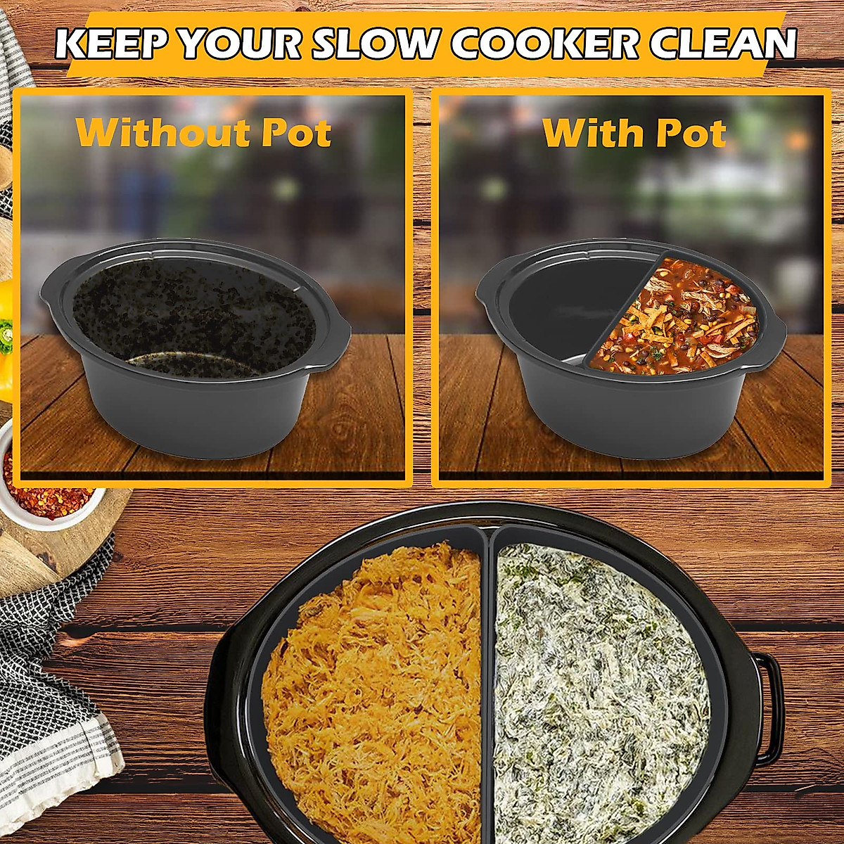 6 Quart Silicone Slow Cooker Divider Liners Oval. Thickened, Weighted & Sturdy Reusable Crockpot Inserts Compatible With Most 6 Qt Crock Pot Slow Cookers Accessories. Leakproof, Dishwasher Safe