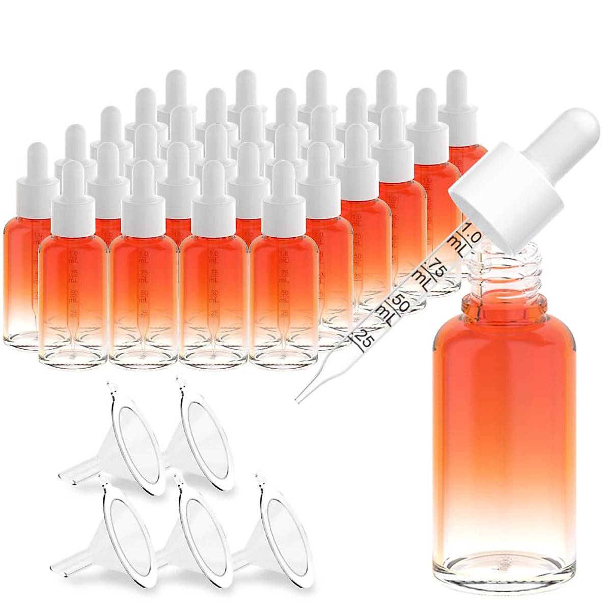 Jagolain Eye Dropper Bottles 1oz (Gradient Colored Glass Bottle 30ml with White Caps, Funnel) Empty Tincture Bottles for Essential Oils, Perfume (30 pack, orange)