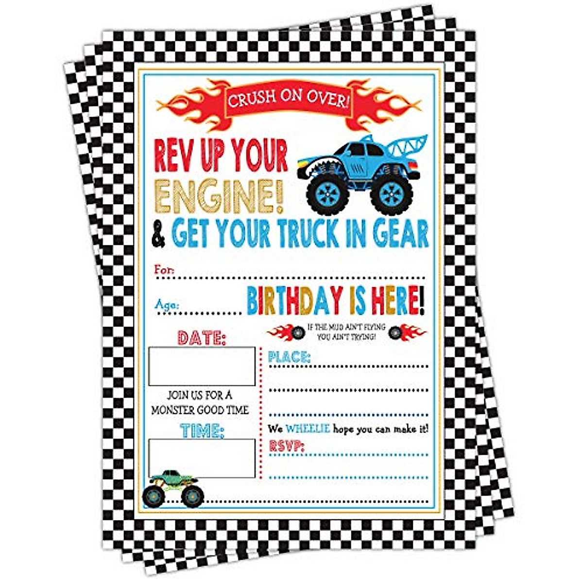 Monster Truck Birthday Party Invitations - Set of 20 with envelopes