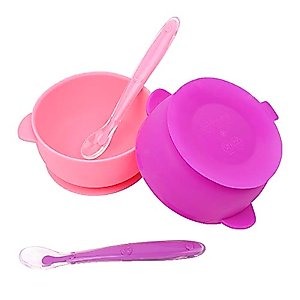 KingKam 2 Pack Baby Bowls with Suction, Silicone Stay up Baby Bowl for Kids and Toddlers, Silicone Bowls and Spoons for Baby Toddler Bowls, Baby Feeding Bowls Set - Pink/Purple