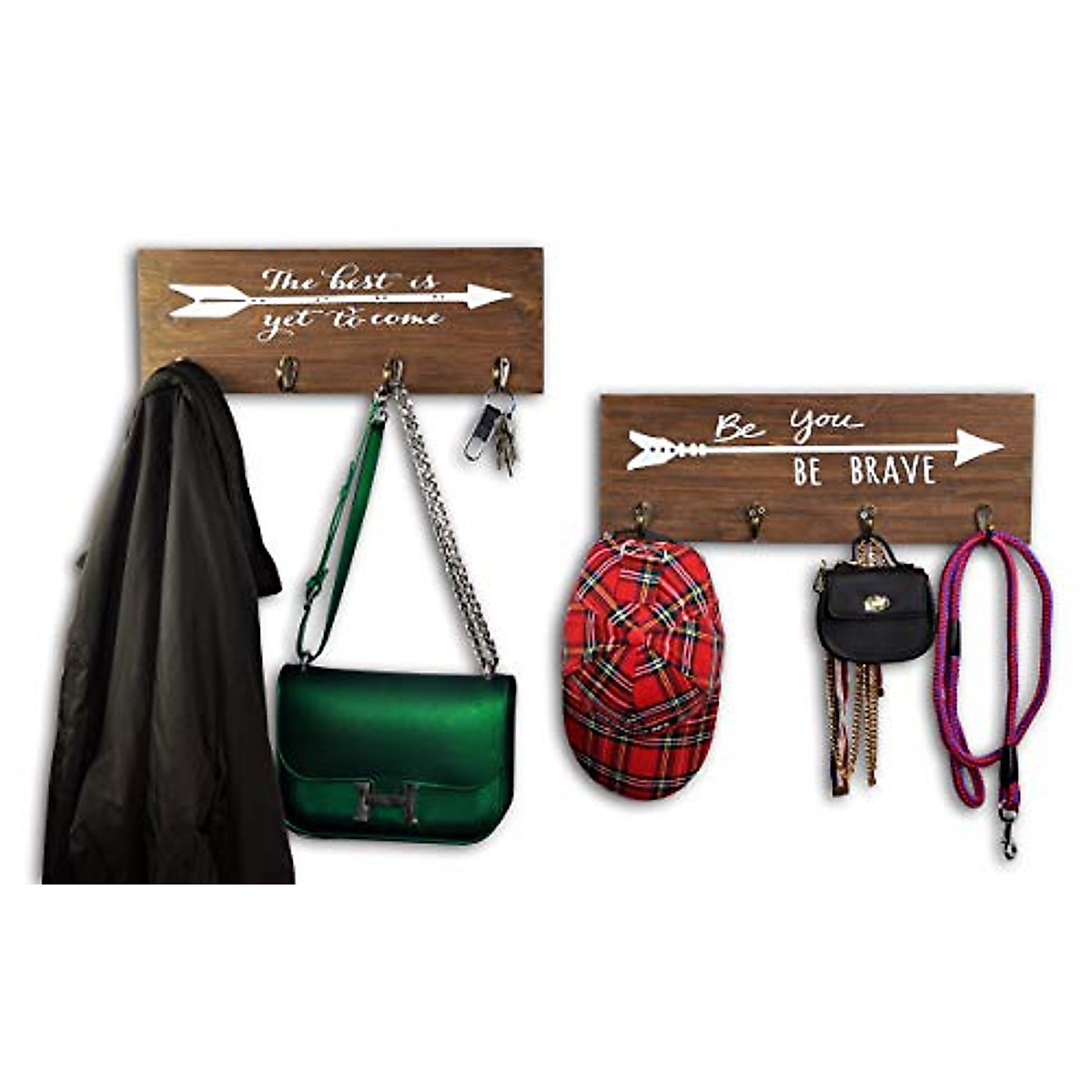 Spiretro Wall Key Hanger, Metal Hook Rack Organize Coat Hat Bag, Leash Holder, Set of 2 for Kids Entryway Hallway, Funny Arrow Sign & Inspirational Words, Rustic Wood_Teak