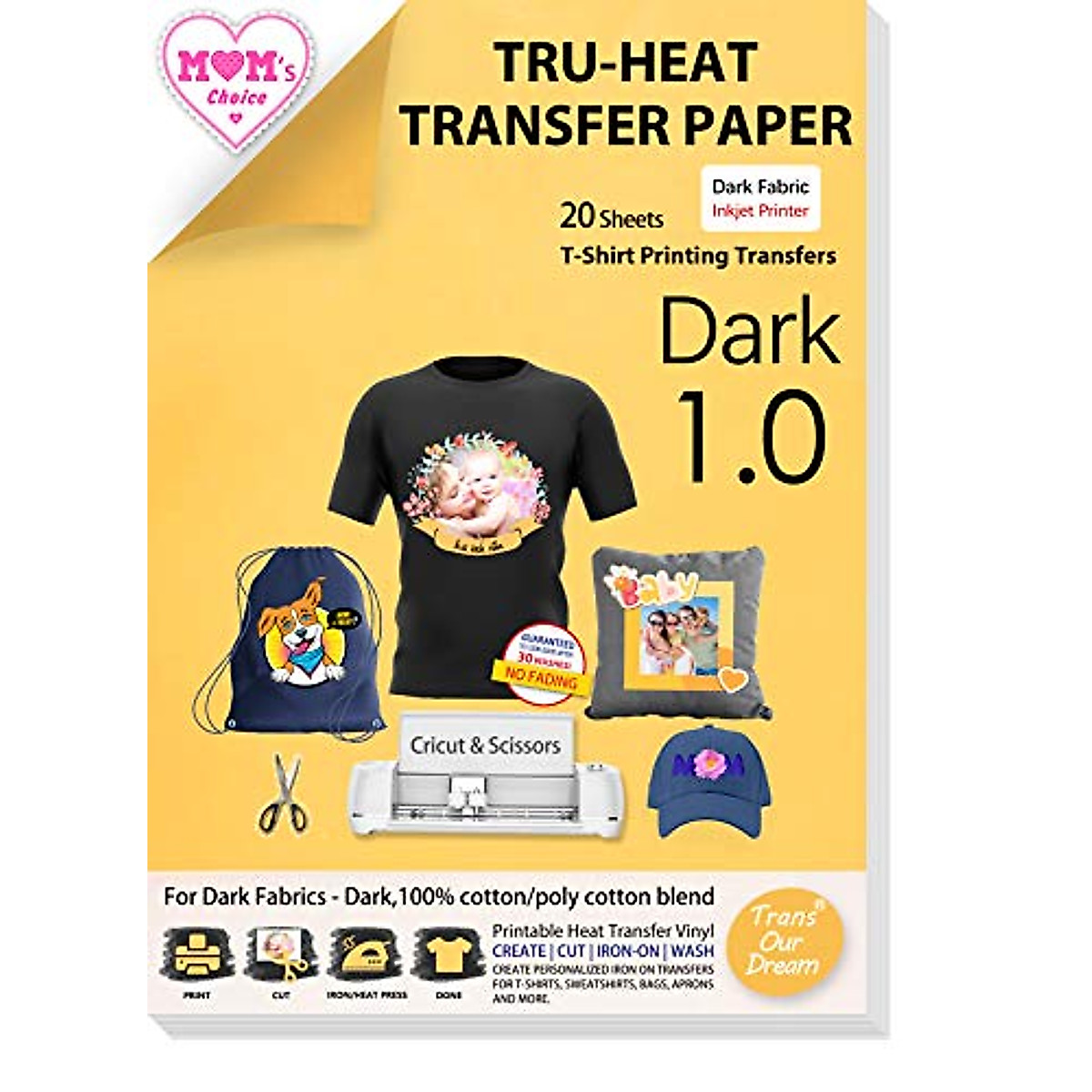 TransOurDream Tru-Iron on Heat Transfer Paper for Dark Fabric (20 Sheets, 8.5x11") T Shirt Transfers Paper for Inkjet Printer Printable Heat Transfer Vinyl for T-Shirts (TOD-7)