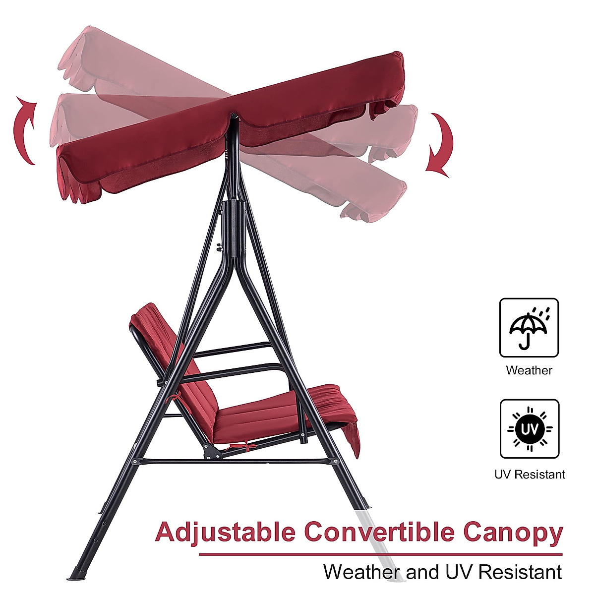 MCombo 3-Person Outdoor Patio Swing Chair, Convertible Canopy Hanging Swing Glider Lounge Chair, Removable Cushions, 4003 (Red)