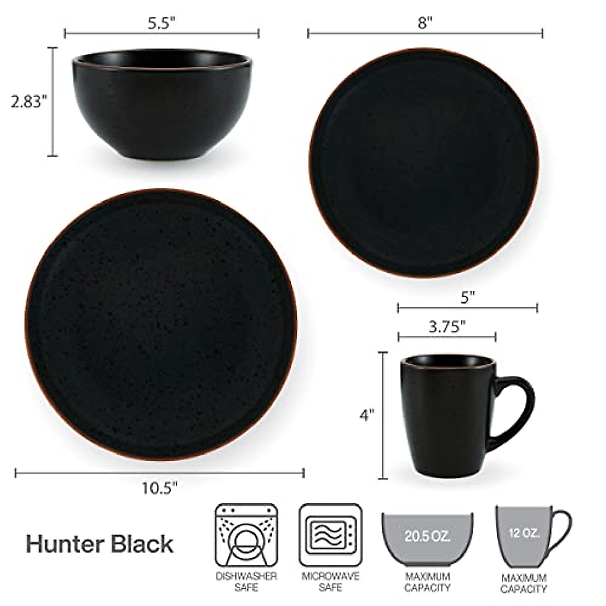 Pfaltzgraff Hunter 16 Piece Dinnerware Set, Service for 4, Black