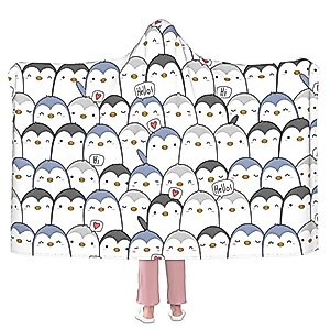 Penguin Hooded Blanket Flannel Wearable Throw Blanket,Blanket Hoodie Warm Wearable Blanket Soft Fleece Throw Blankets Comfy Hoodie Blankets for Kids Adults