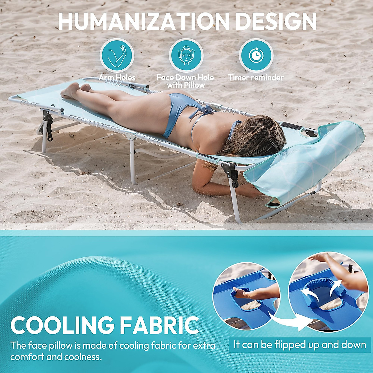 Dowinx Oversized Tanning Chair with Face Hole, Portable Chaise Lounge for Adults, Folding Beach Chair Outdoor Lounge Chair for Outside Sunbathing Reading Stomach, Lay Flat Sun Lounger, 475lbs, Aqua