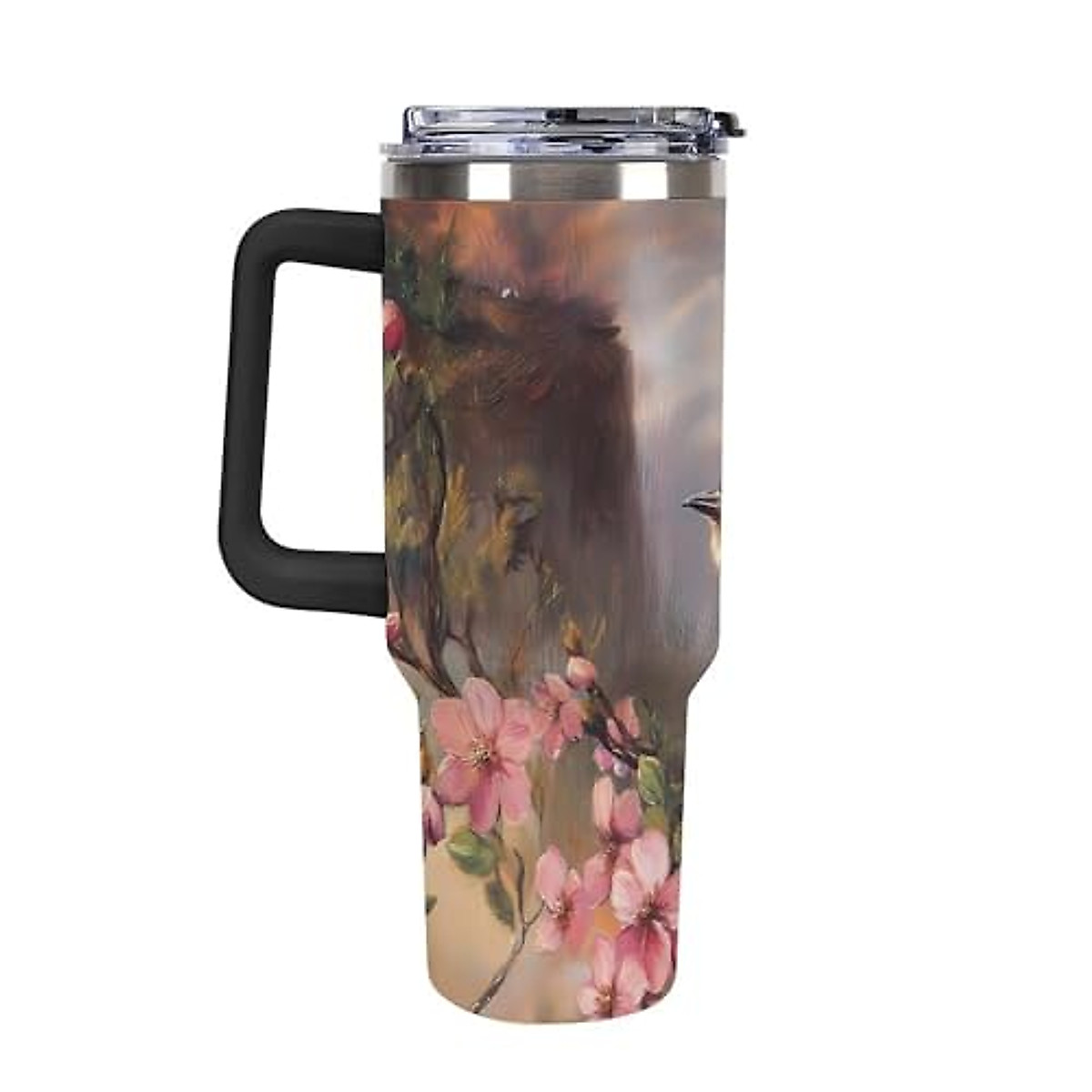Oil Painting Bird And Flowers 40oz Water Bottle Double Wall Insulated Tumbler with Handle Leakproof Travel Mug Black-style