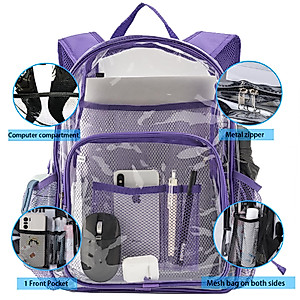 BAJNOKOU Clear Backpack Stadium Approved for Women Men Heavy Duty PVC Transparent See Through Backpacks for School Work Travel,Purple