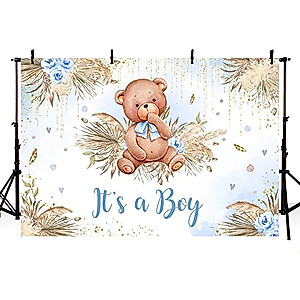 MEHOFOND Boho Bear Baby Shower Backdrop for Boy Baby Shower Party Decorations Bohemian Pampas Gass It's a Boy Baby Shower Photography Background Gold Glitter Dots Decor 7x5ft