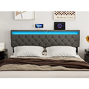 IKIFLY Upholstered California King Size LED Headboard with LED Lights & 2 USB Ports - Adjustable Height - Button Tufted Linen Fabric Padded Headboard Only, Easy Assembly - Dark Grey/Cal King