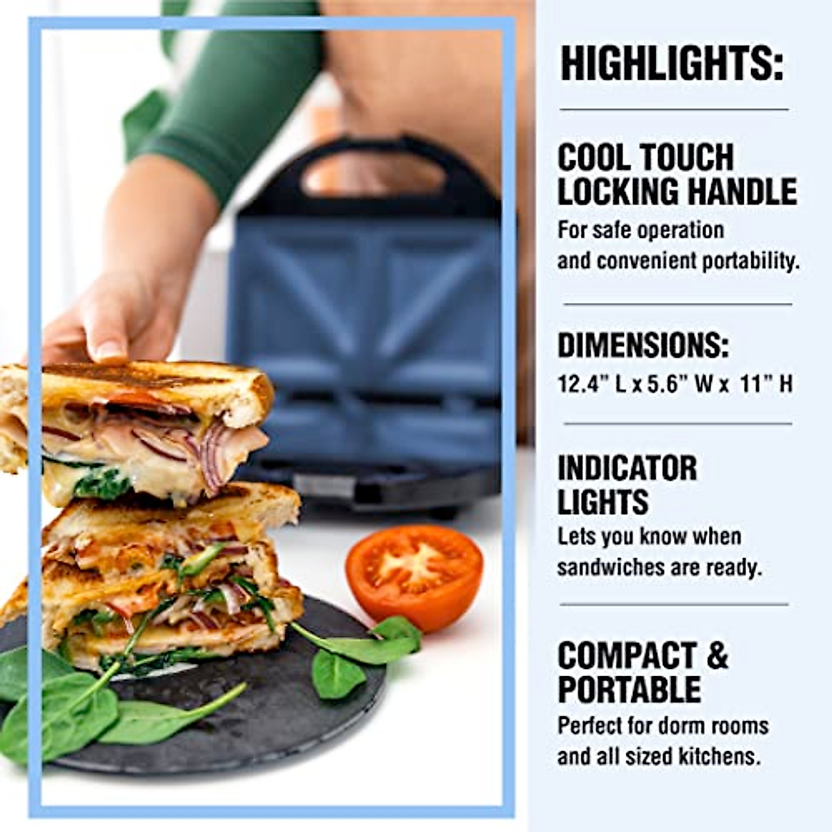 Granitestone Sandwich Maker, Panini Press Sandwich Maker with Nonstick Surface Breakfast Sandwich Maker Makes 2 Sandwiches in Minutes with Easy Cut Edges, Indicator Light, College Dorm Room Essentials