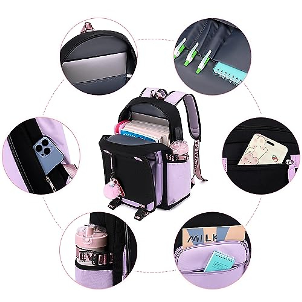 Bevalsa School Backpack for Girls, Girls Backpack with Lunch Box, Bookbag for Girls Kids Elementary Middle High School College Student 21L Casual Daypack Children Schoolbag with USB Charging Port (Purple)