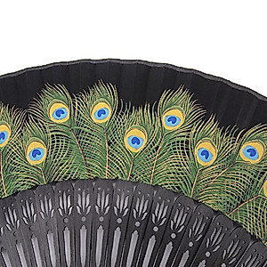 Innolife Peacock Chinese/Japanese Hand Folding Fan Bamboo Carved Frame Silk Craft Fan (Black)