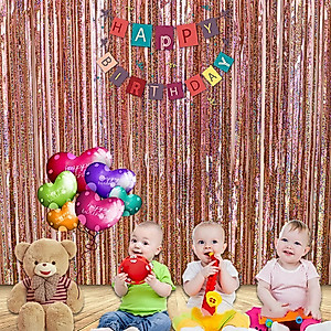 Vanujoy 2 Pack Iridescent Rose Gold Tinsel Foil Fringe Backdrop Curtains - Wall Door Party Decorations for Birthday Bachelorette Engagement Bridal Shower