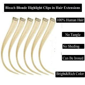18 Inch High light Clip in Human Hair Extensions 100% Straight Clip on Party Highlights Colored Hair Extensions 6 Pieces/set (Bleach Blonde)